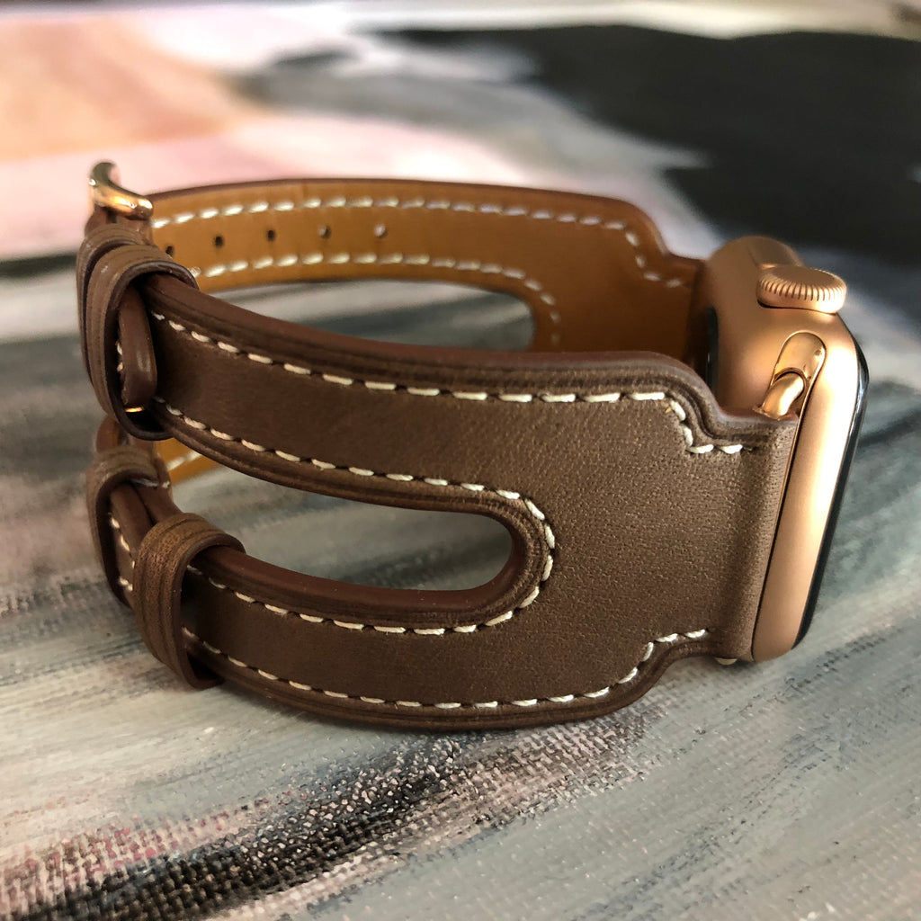 Chocolate Brown Double Buckle Apple Watch Leather Cuff by Juxli Home ...